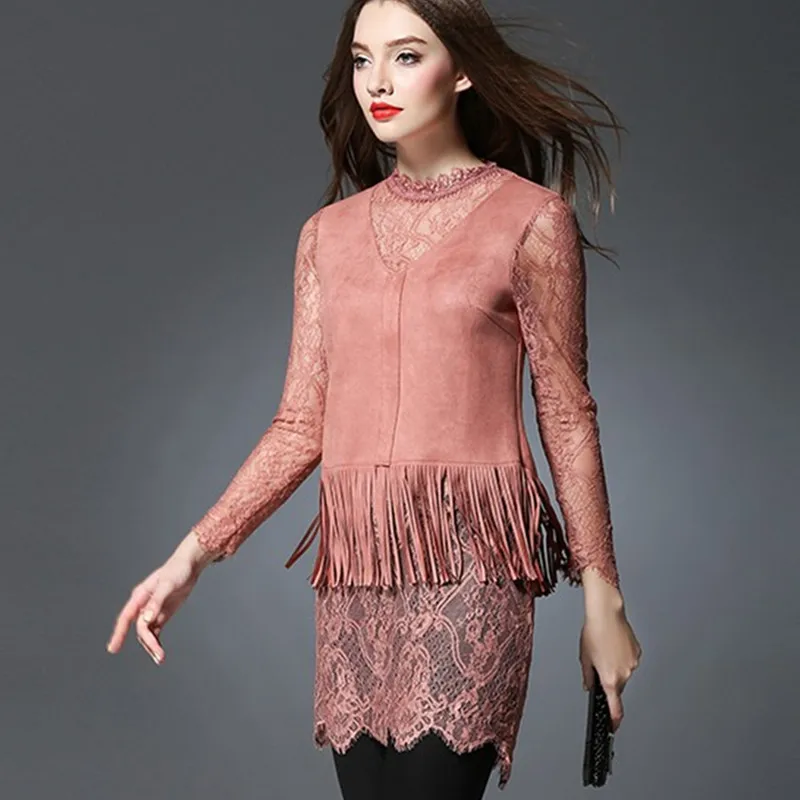 2016 Plus Size Women Clothing Fringe Faux Suede Patchwork Sheer Lace ...