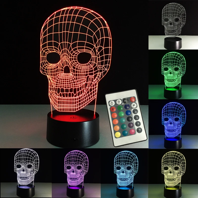 Skull Head 3D Night Lights USB Night Lamp LED Nightlights Remote ...