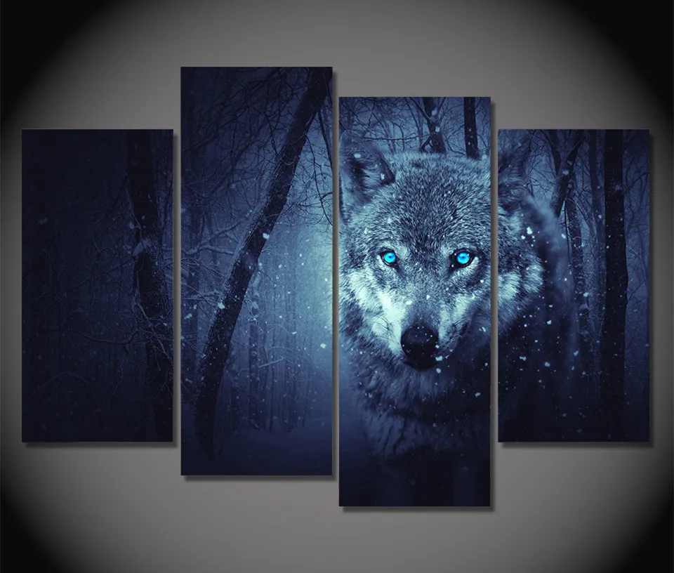 4 Painel HD Impresso Pintura Da Lona Neve Lobo Escuro Da Floresta ...