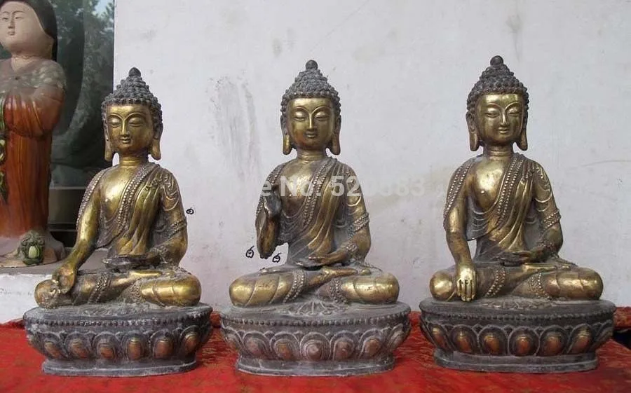 Tibet Buddhism temple Bronze Gild Three Sakyamuni Rulai Buddha Statue ...
