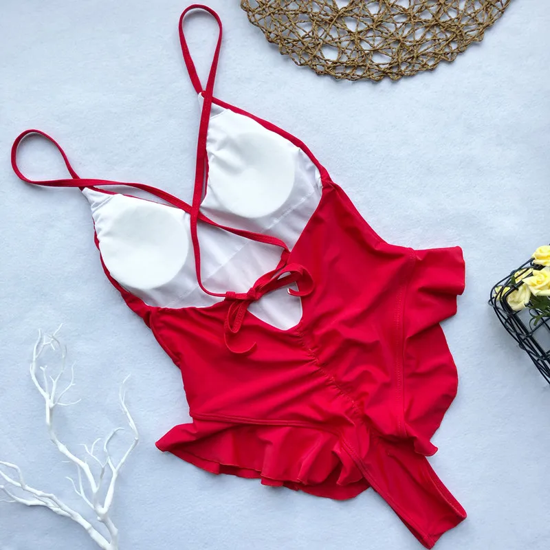 Melphieer Scrunch Butt Swimsuit Red Monokini Ruffle Sexy Lace Up One ...
