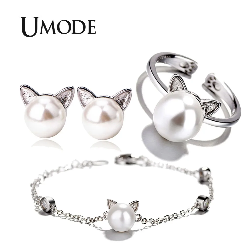 UMODE-Girls-Kids-Cute-Cat-Ear-Pearl-Stud-Earrings-Adjustable-Rings ...