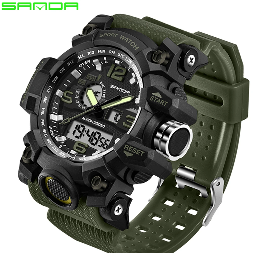 SANDA Sports Men Watches Top Brand Army Green Watch Date Calendar LED ...