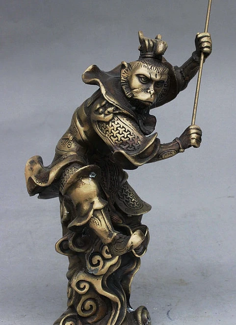 9" Chinese Bronze Copper Monkey King Sun Wukong Goku Hold Golden Cudgel ...