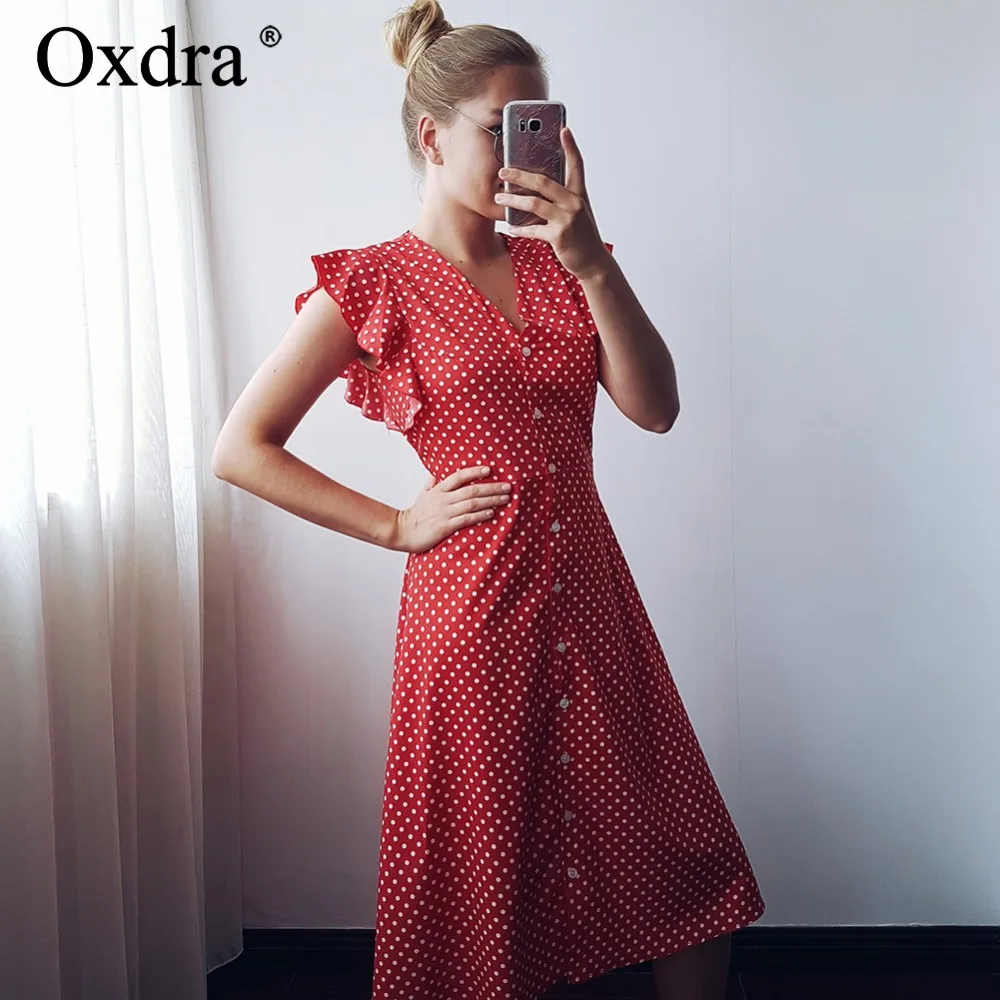 Oxdra Womens Dresses Women 2018 Summer New Hot Dot Ruffles Button