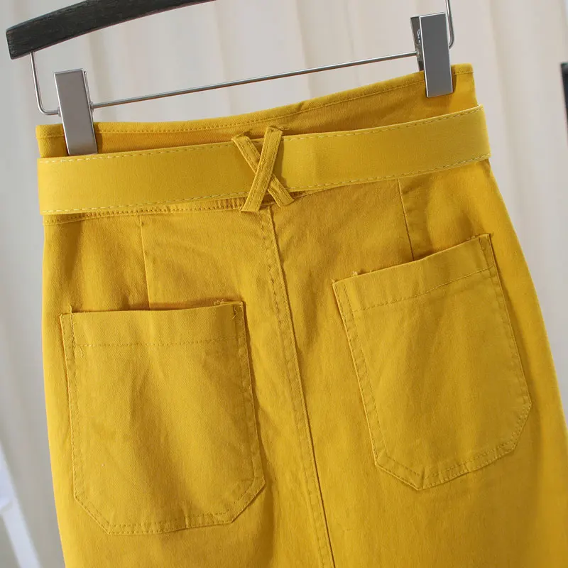 Корейская женская желтая черная эластичная джинсовая юбка-карандаш с ...