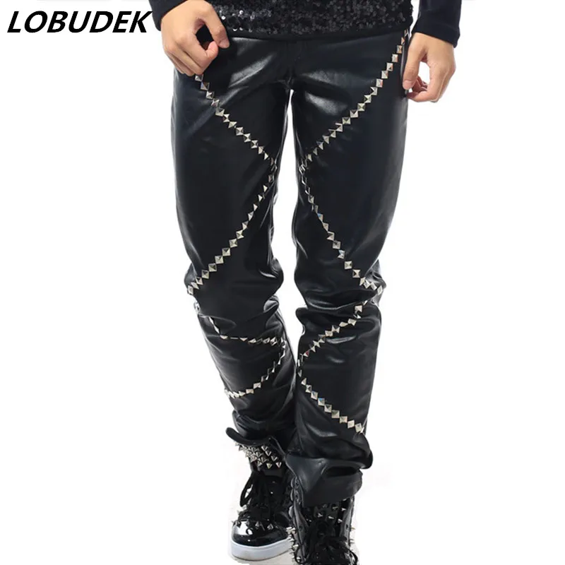 Black Red Pu Leather Pants Tide Male Punk Style Rock Singer Stage ...