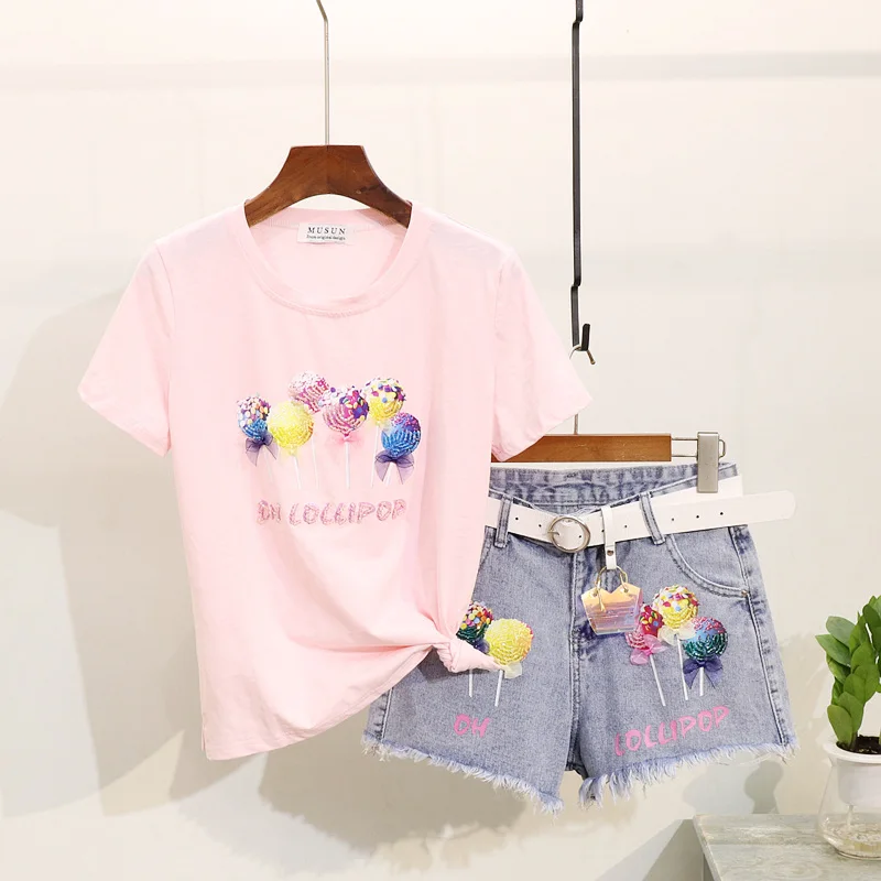 2019 New Women Two Pieces Set Embroidery Beading Korean Style T Shirt