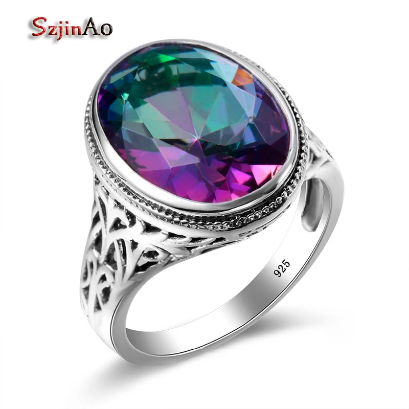 Szjinao Rainbow Mystic Topaz Ring Genuine 925 Sterling Silver Big Rings
