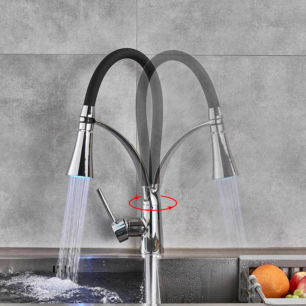 Black LED Kitchen Sink Faucet Swivel Pull Down Kitchen Faucet Sink Tap ...