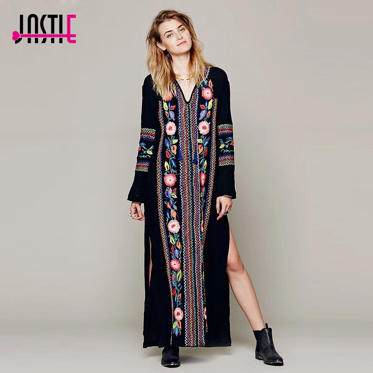 Jastie Floral Embroidered Boho Dress Summer Autumn Bohemian Maxi Dress