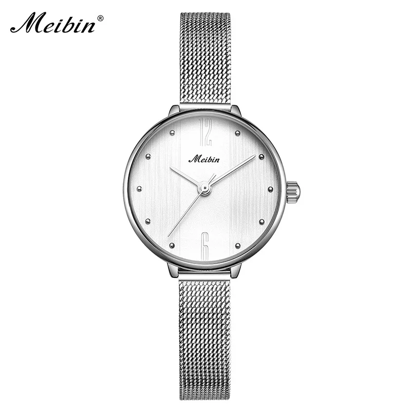 MEIBIN Super Slim Sliver Mesh Stainless Steel Watches Women Luxury Top ...