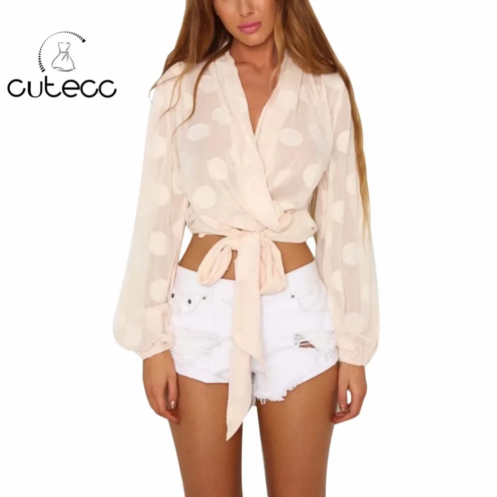 Sexy V Neck See Through Women Chiffon Elegant Polka Dot Blouses Casual