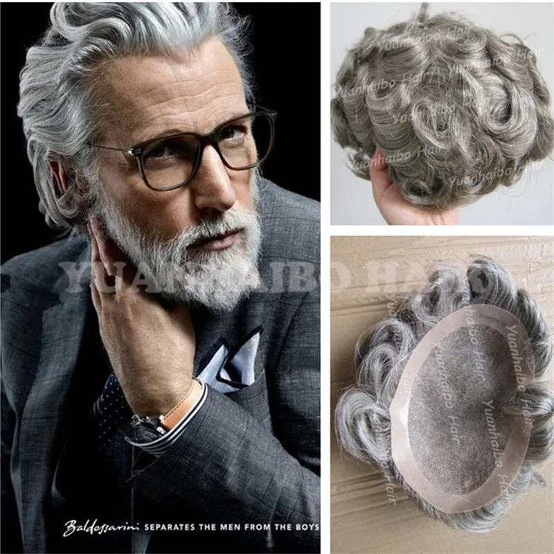Custom Toupee 6inch #Silver Gray Loose Wave Brazilian Remy Hair Lace ...