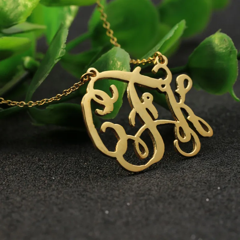 Golden Custom Initial Nameplate Necklaces Personalized Three Initials ...