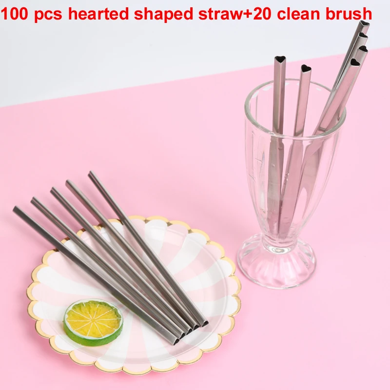 100pcs+20 Brush HEART Shaped Stainless Steel Metal Drinking Straws ...