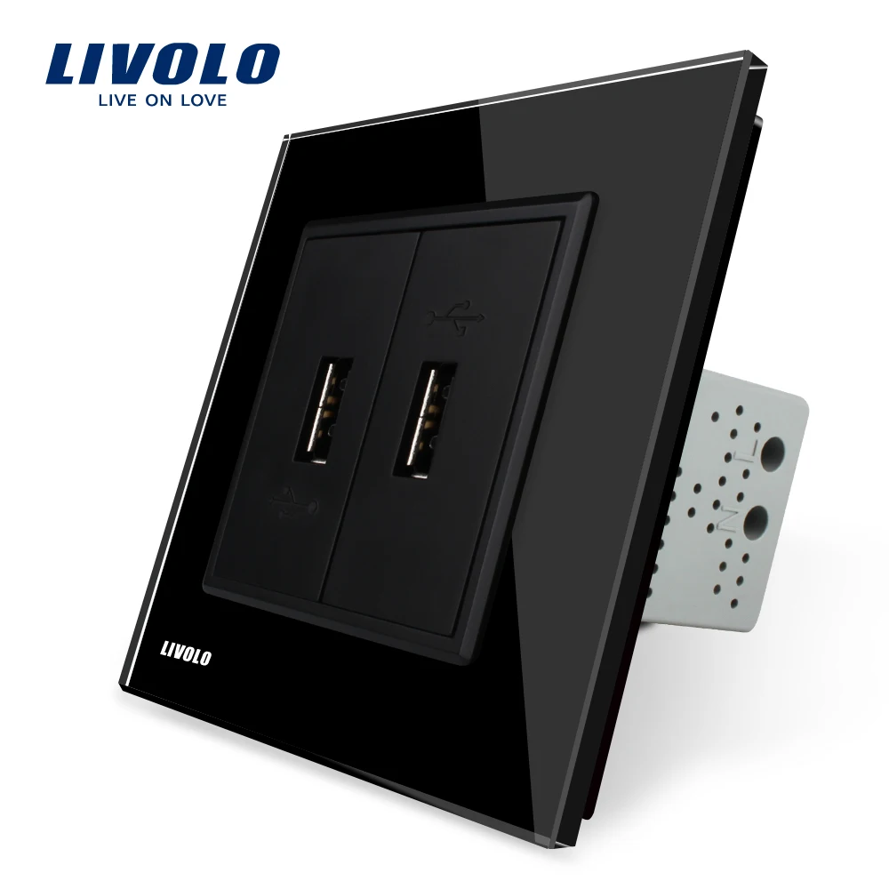 Livolo Eu Standard Black Crystal Glass Panel, Two Gang Usb Plug Socket ...
