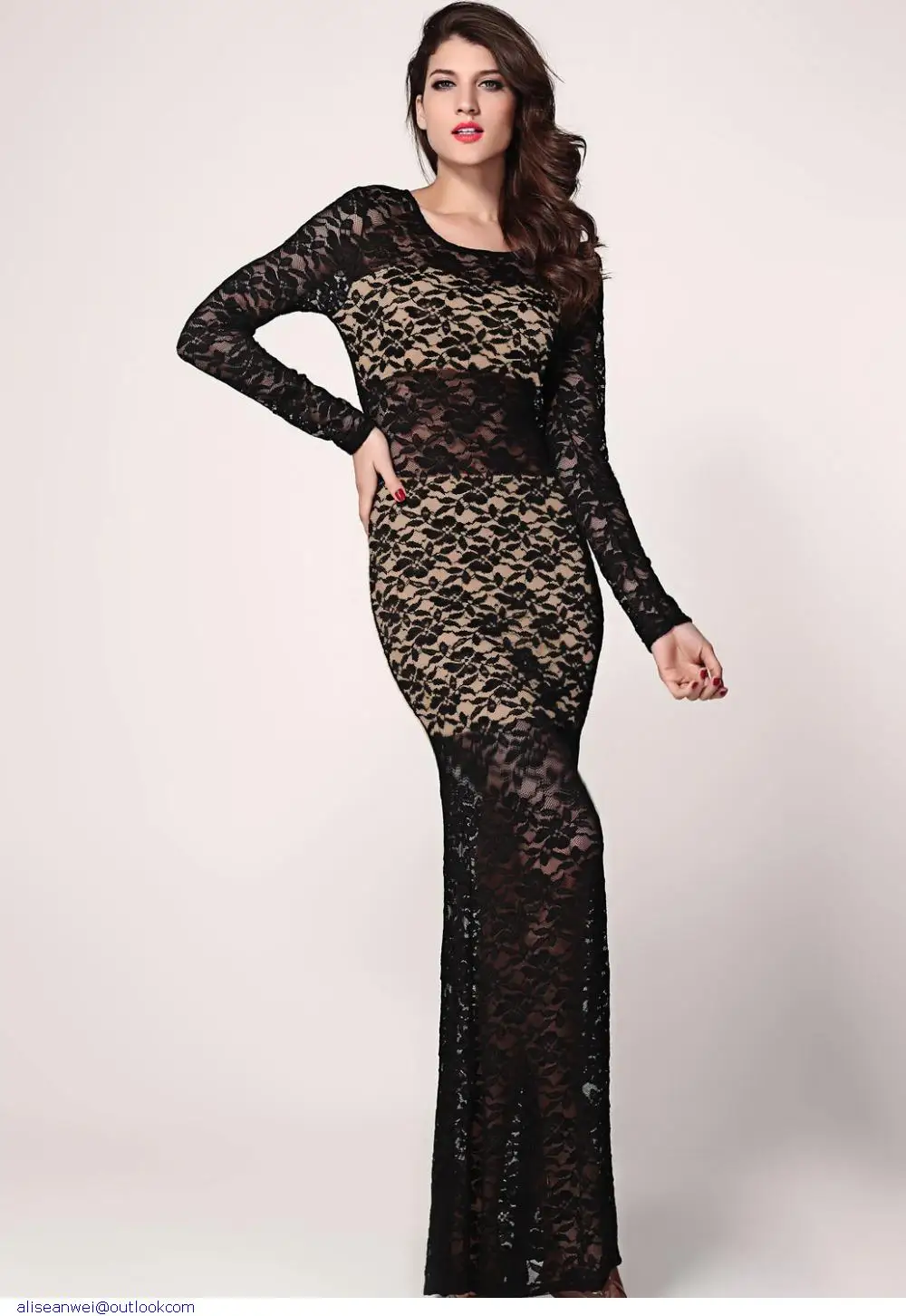 2015 New Items Dress Women Fashion party dresses ,Black Sexy Nude Illusion Lace Maxi Evenig ...