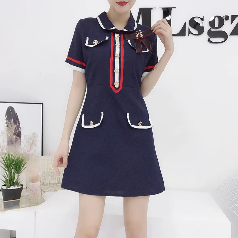 Summer Women Fashion Chiffon Lapel Pocket Riband Mini Slim Dress Urban