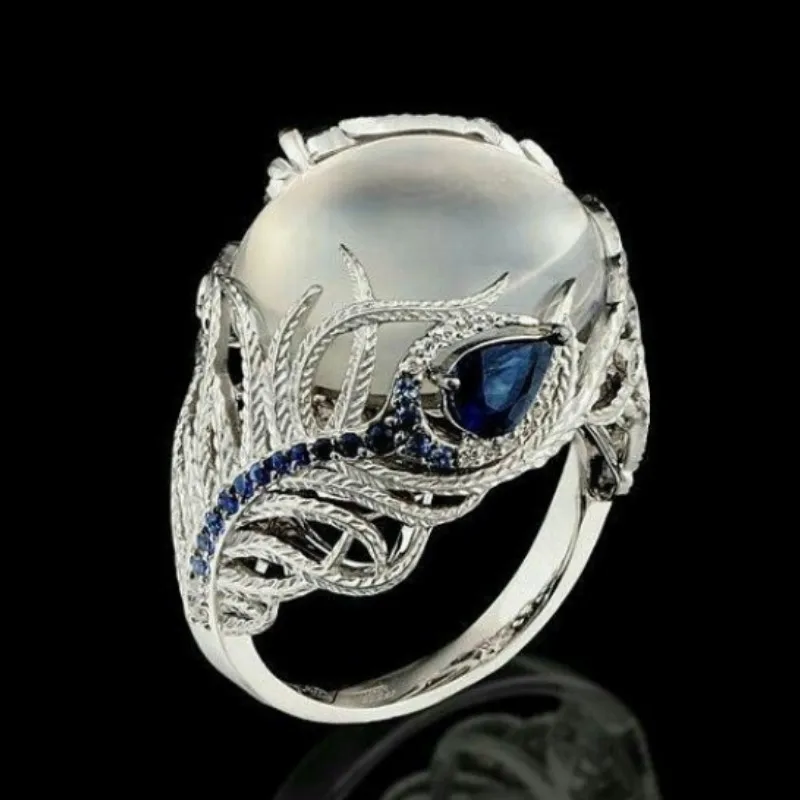 Luxury Unique Silver Rhinestone Peacock Feather Shape Opal Ring For Women Exaggerated Cocktail