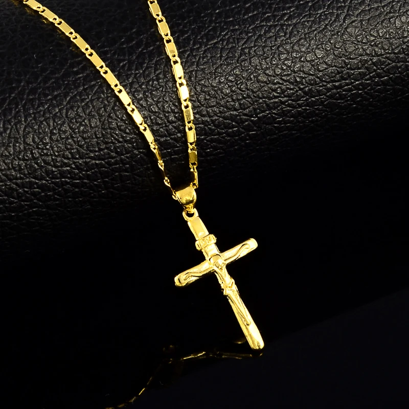 High quality pure gold color Cross charm pendant necklaces for women ...