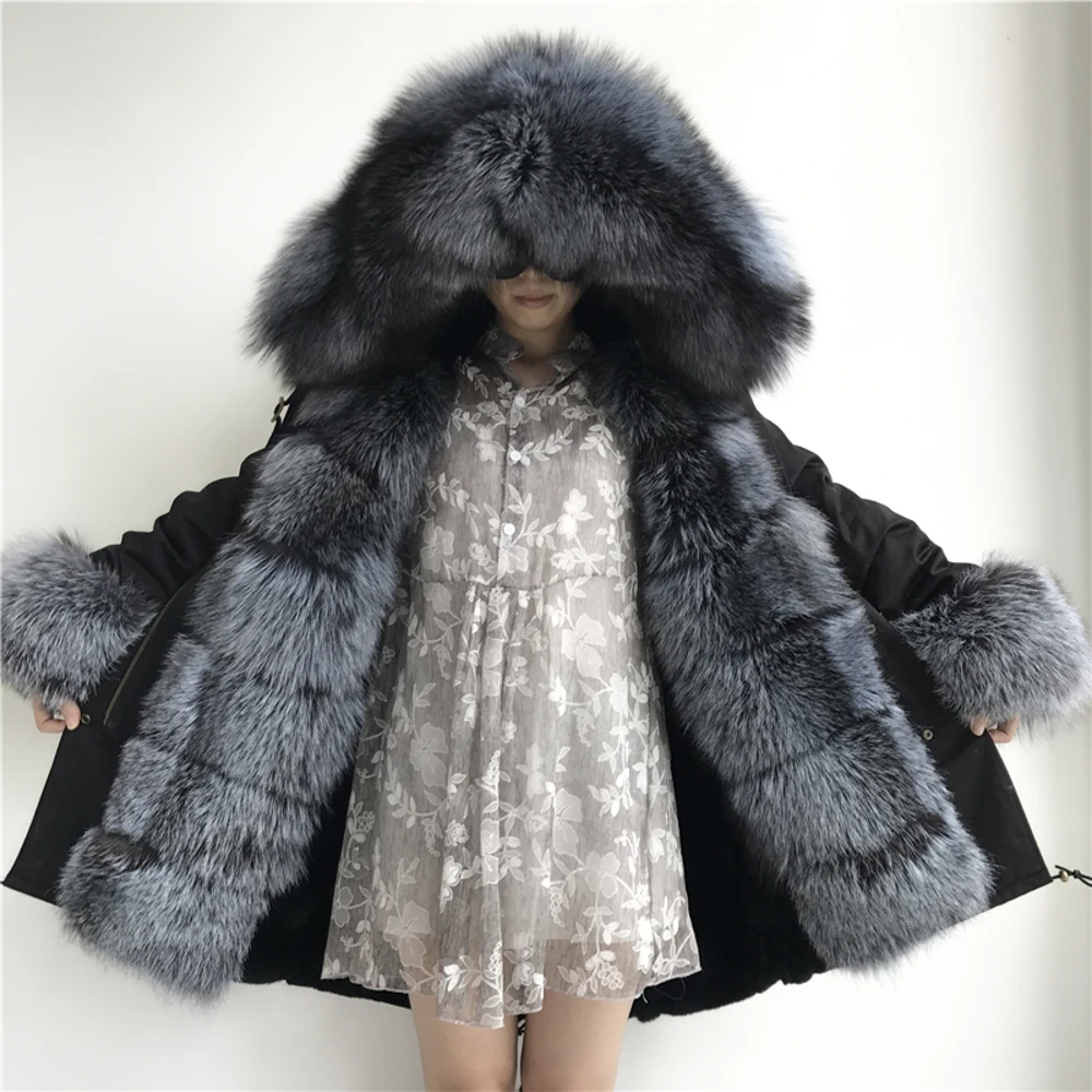 Winter Real Fur Coat Women Long Jacket New Real Rabbit Fur Liner Coat Thick Huge Fox Fur Collar ...