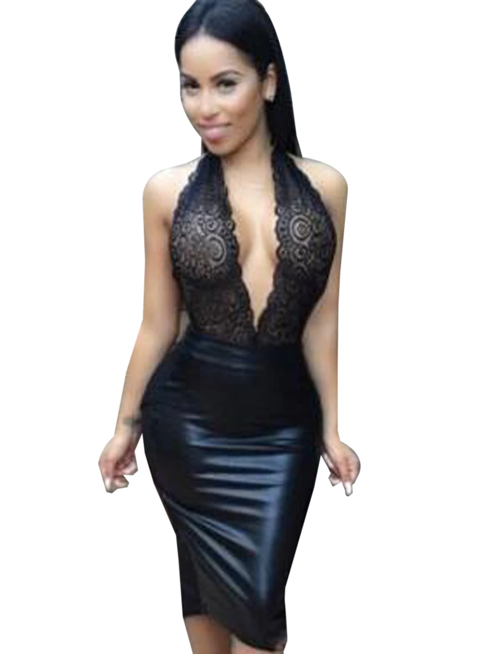 Lace Low Cut Plunge Deep V Neck Cleavage Dress Halter Bodycon Sexy Black Club Wear Dress ...