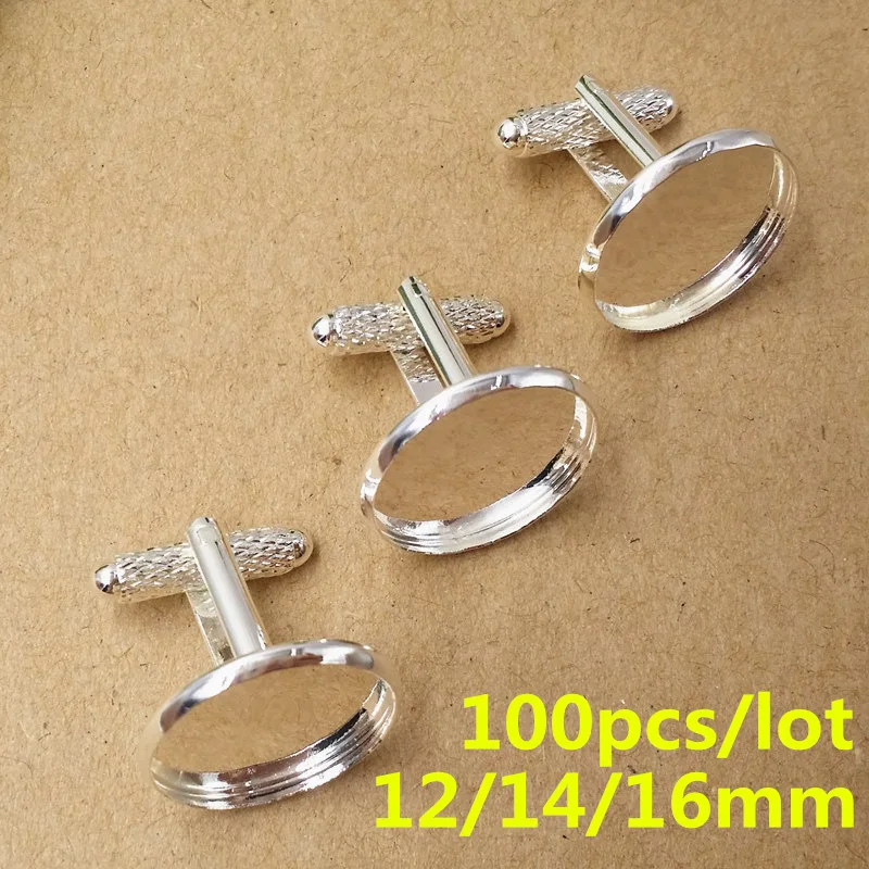 100pcs/lo 12mm 14mm 16mm Round French Cufflinks Blank Settings Silver ...