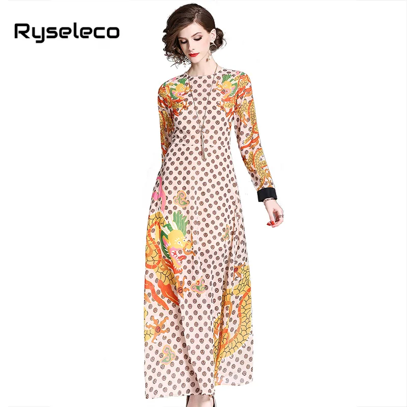 Elegant Women Long Dresses Ladies Summer Fall Vintage Dragon Prints ...