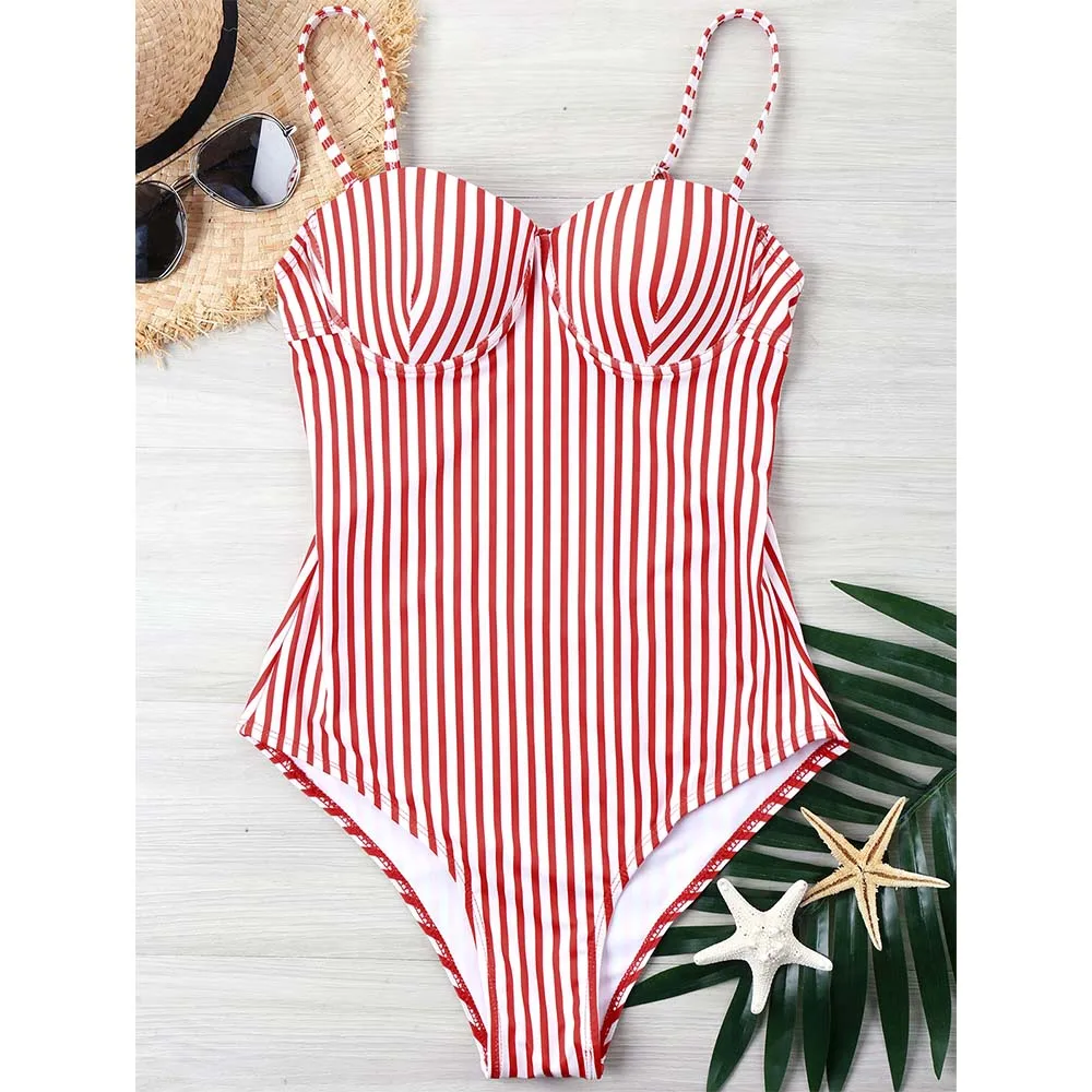 Striped Bustier One Piece Suit Women Backless Swimwear High Waist