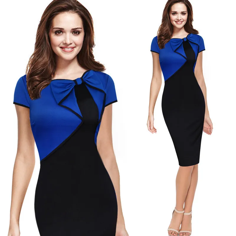 Robe bleu de travail tenue de bureau genou longueur manches courtes ...