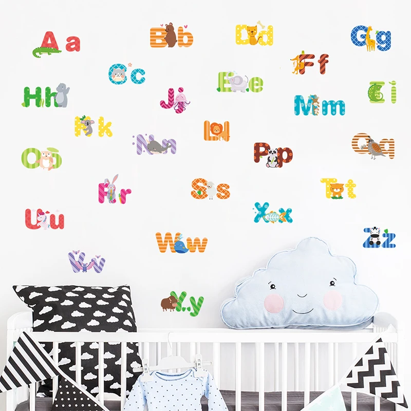 % Cartoon Cute Animals 26 English Alphabet Wall Stickers Kids Room ...