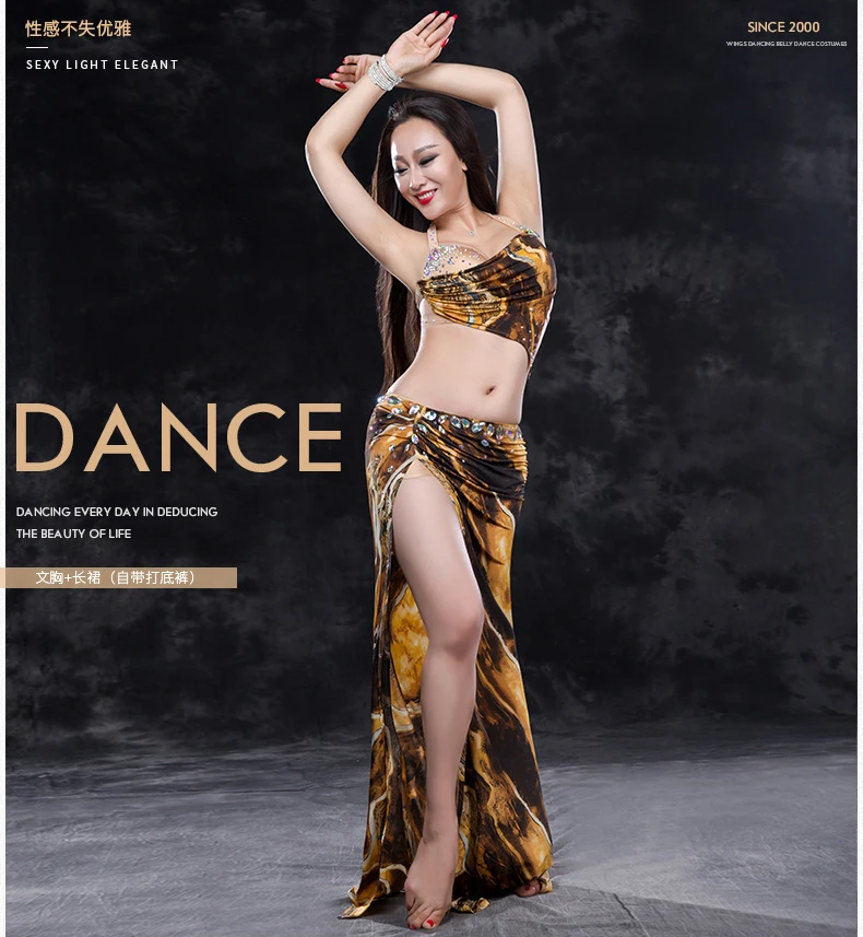 Sexy Belly Dance Set Luxury Printing Stones Bra Split Skirt 2pcs Belly