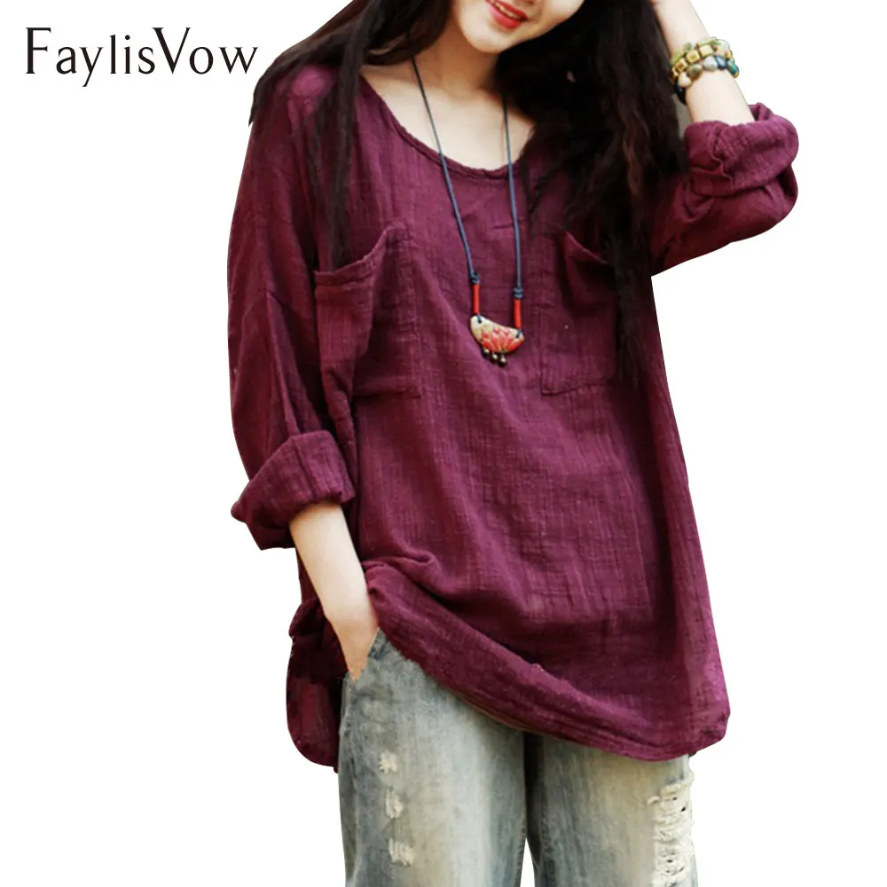 Plus Size Summer Spring Cotton Linen Blouse 4XL 5XL Loose Long Sleeve ...