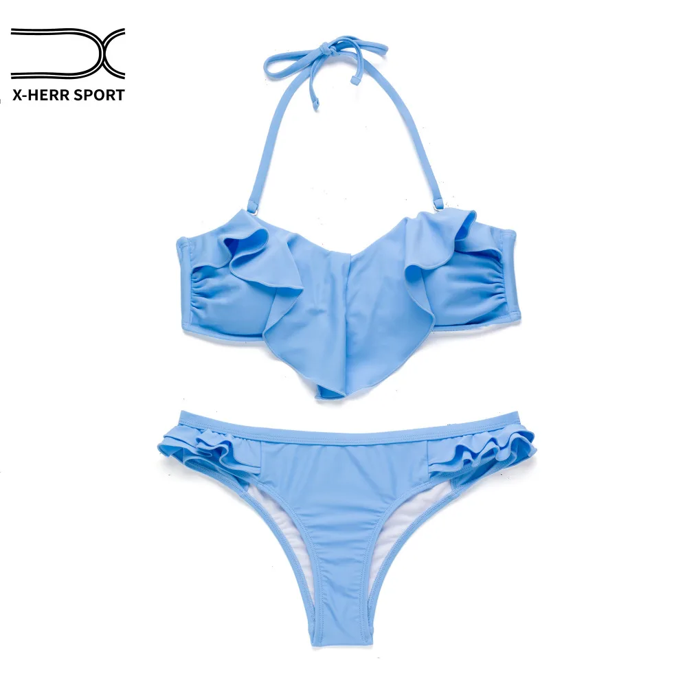 2018 Women Ruffle Bikini Set Bandeau Push Up Padded Swimsuit Blue