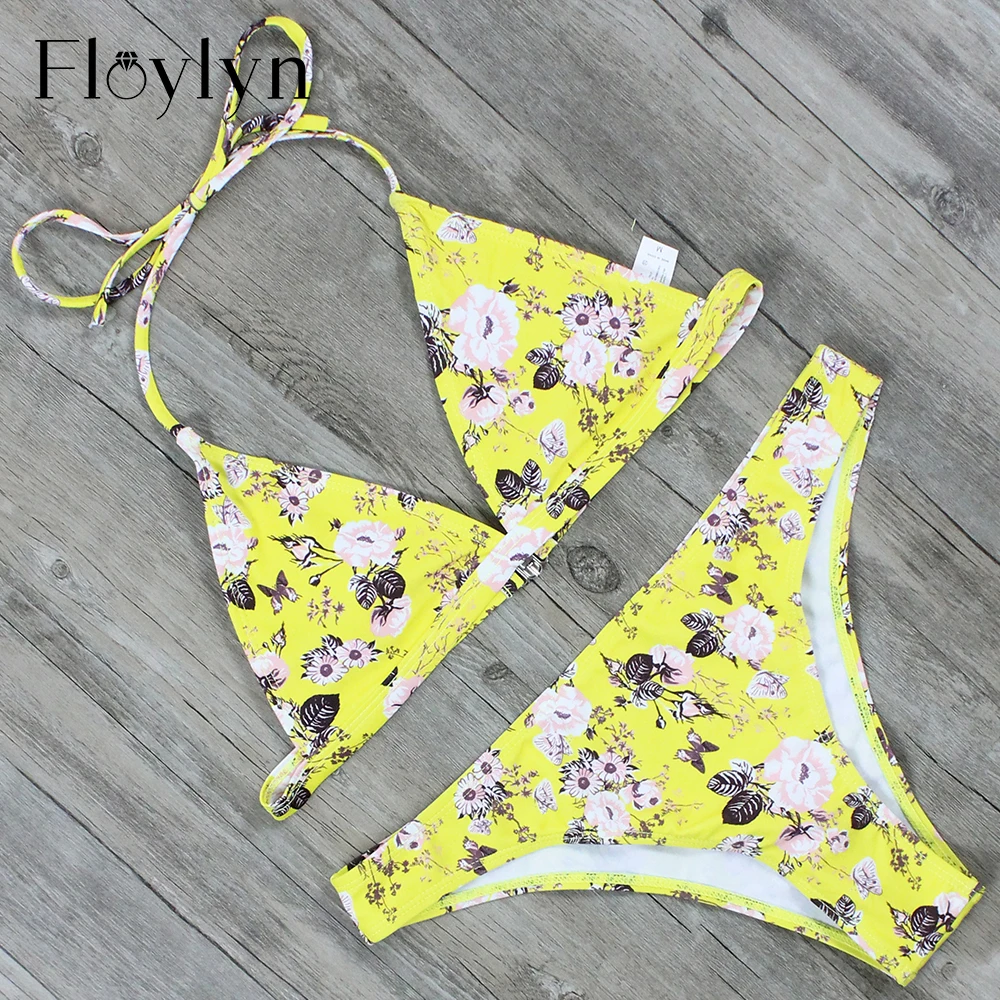 Floylyn Triangle Sexy Floral Print Bikini Set Push Up Brazilian Thong