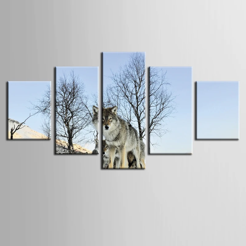 5 Painéis Emoldurados Lobo na neve Pintura Retrato Da Arte Da Parede Da ...