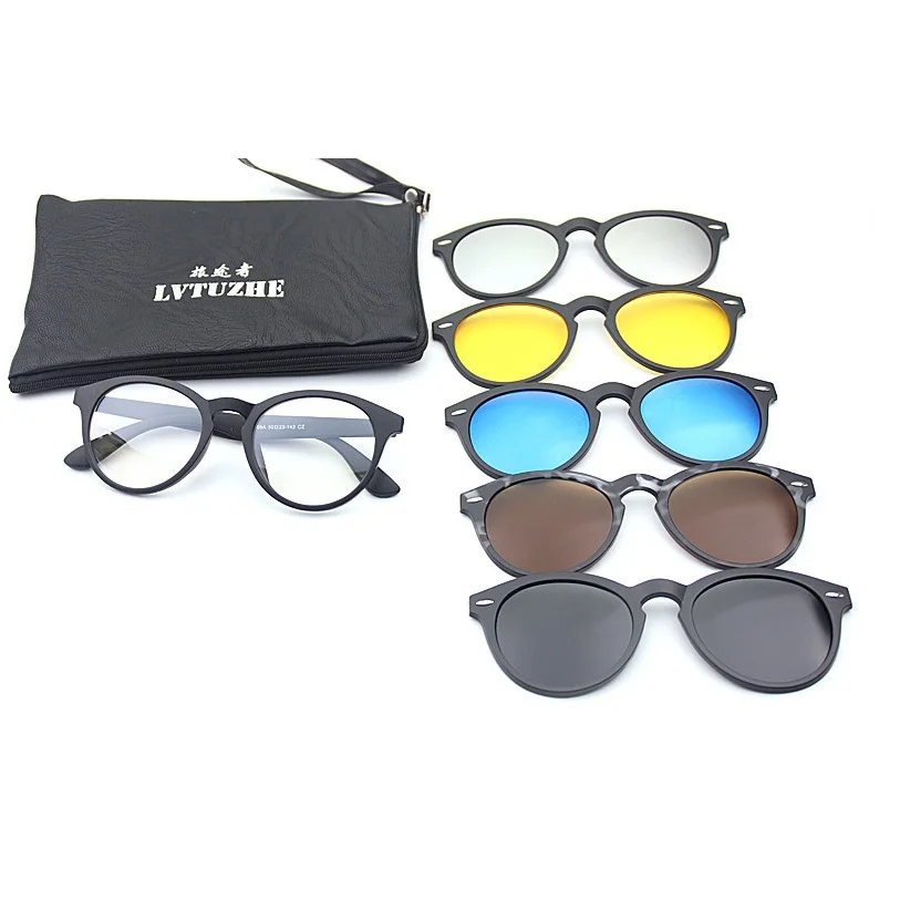 Vazrobe Magnetic Clip On 5 Lens Glasses Women Men Round Polarized Day