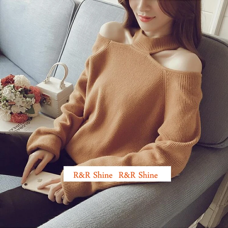 Off Shoulder Turtleneck Sweater Woman Bottoming Hollow Collarbone Sweater With Long Sleeves Warm