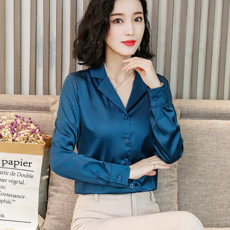 2019 Spring Long Sleeve V Neck Satin Shirts Women Office Work Lady Long ...