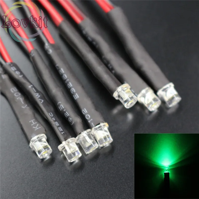 50pcs 3mm LED Pre Wired Resistor 12V DC 20cm Flat top Green Wide Angle ...