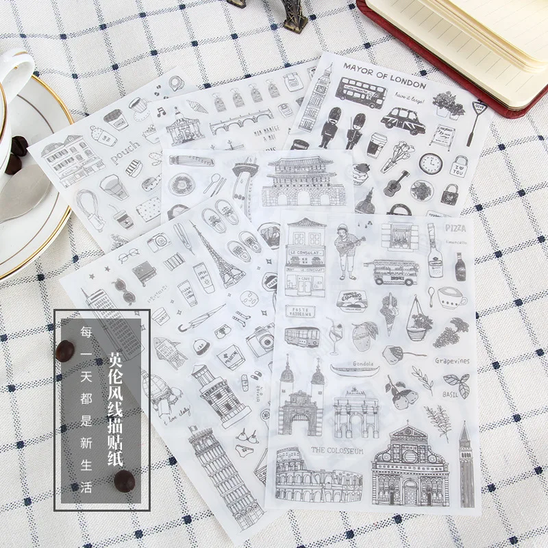 6 Sheets/pack Vintage City Building Stickers Set Scrapbooking Stickers ...