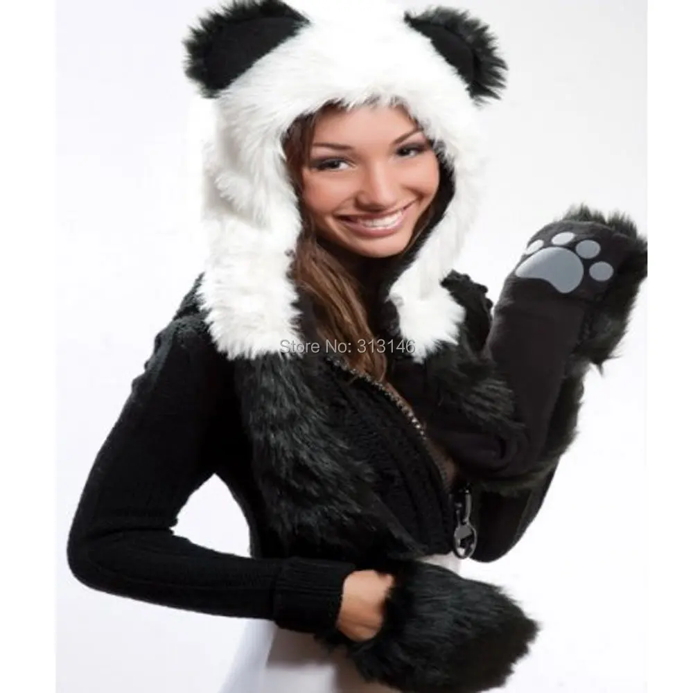 Faux Fur Hood Animal Womens Mens Hat Ear Flaps Hand Pockets 3in1 Hat ...