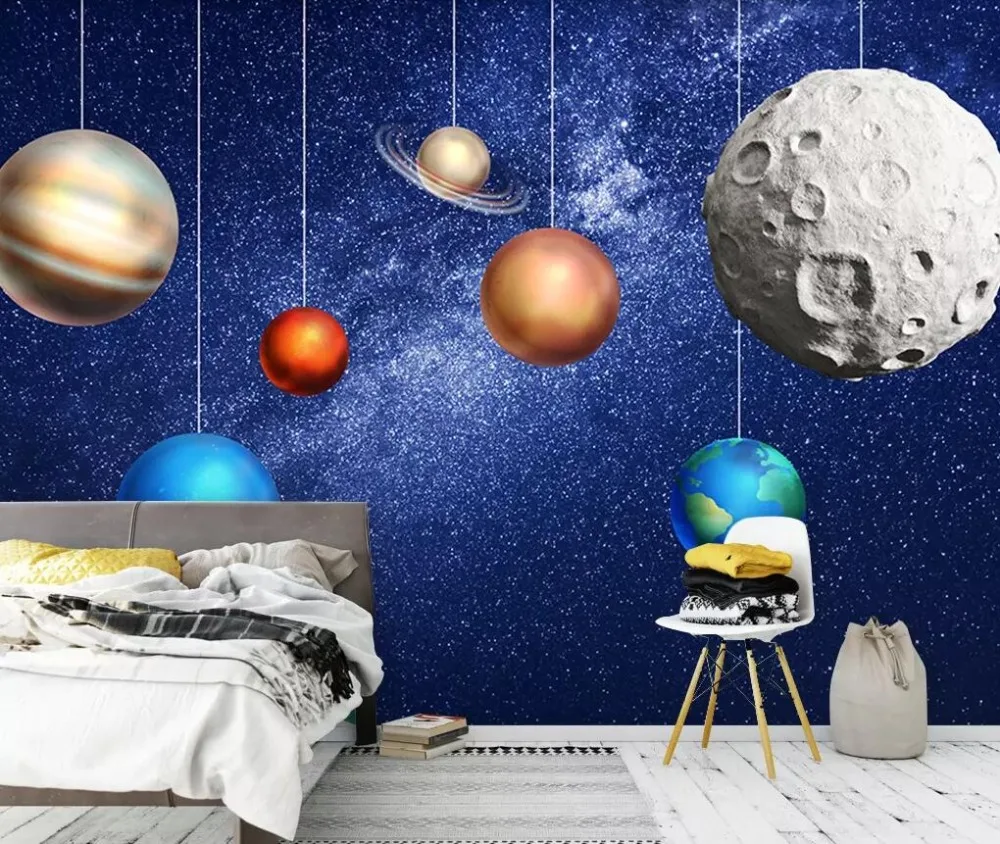 Hand painted space star children room background wall painting ...
