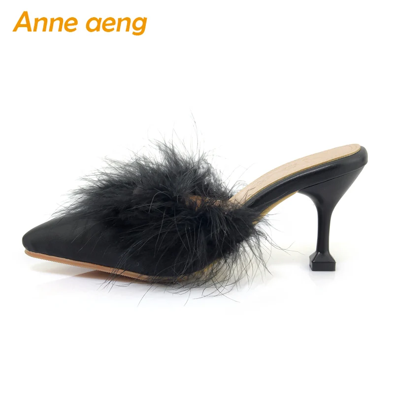 2018 new spring summer women flippers with fur thin high heel pointed ...