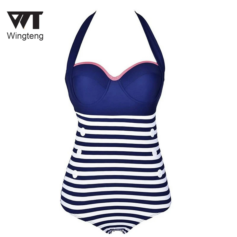 Wingteng Retro One piece Swimwaer female plus size blue Bathing Suits ...