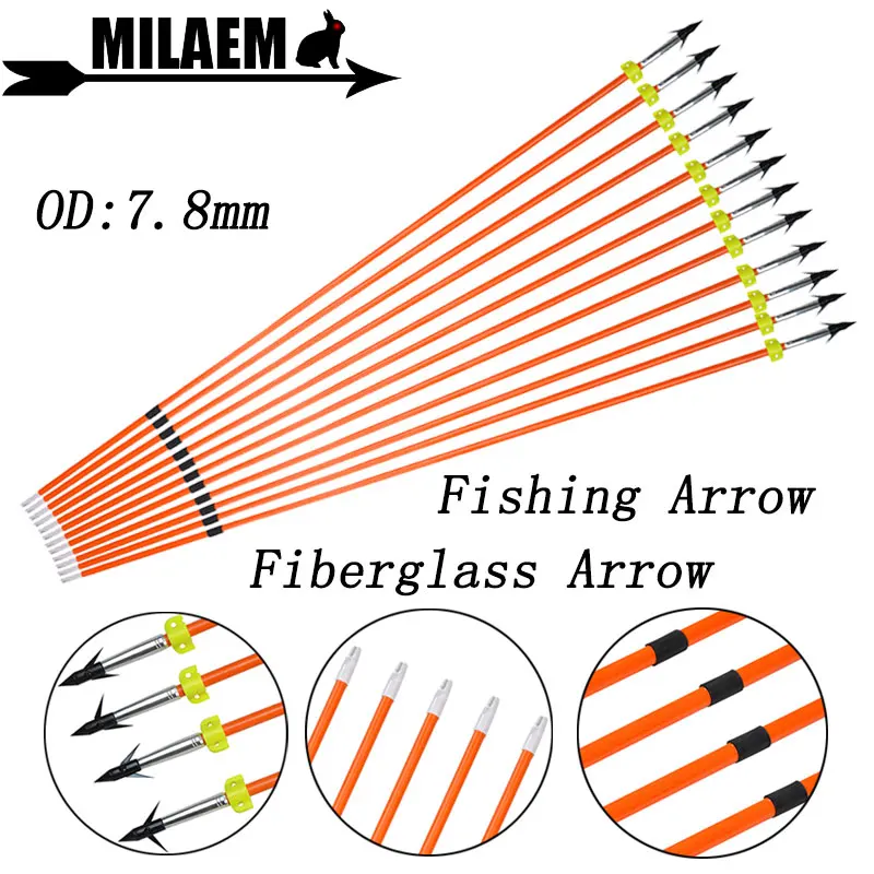 6/12pcs Archery Bowfishing Arrow Fiberglass Arrow OD7.8mm Fix Fishing ...
