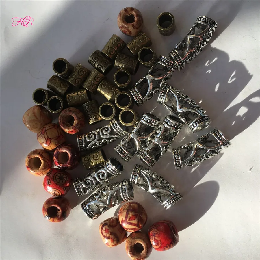 50Pcs Wooden Dreadlock Bead Hair Beads+50Pcs Brozen Beads+10Pcs Silver ...