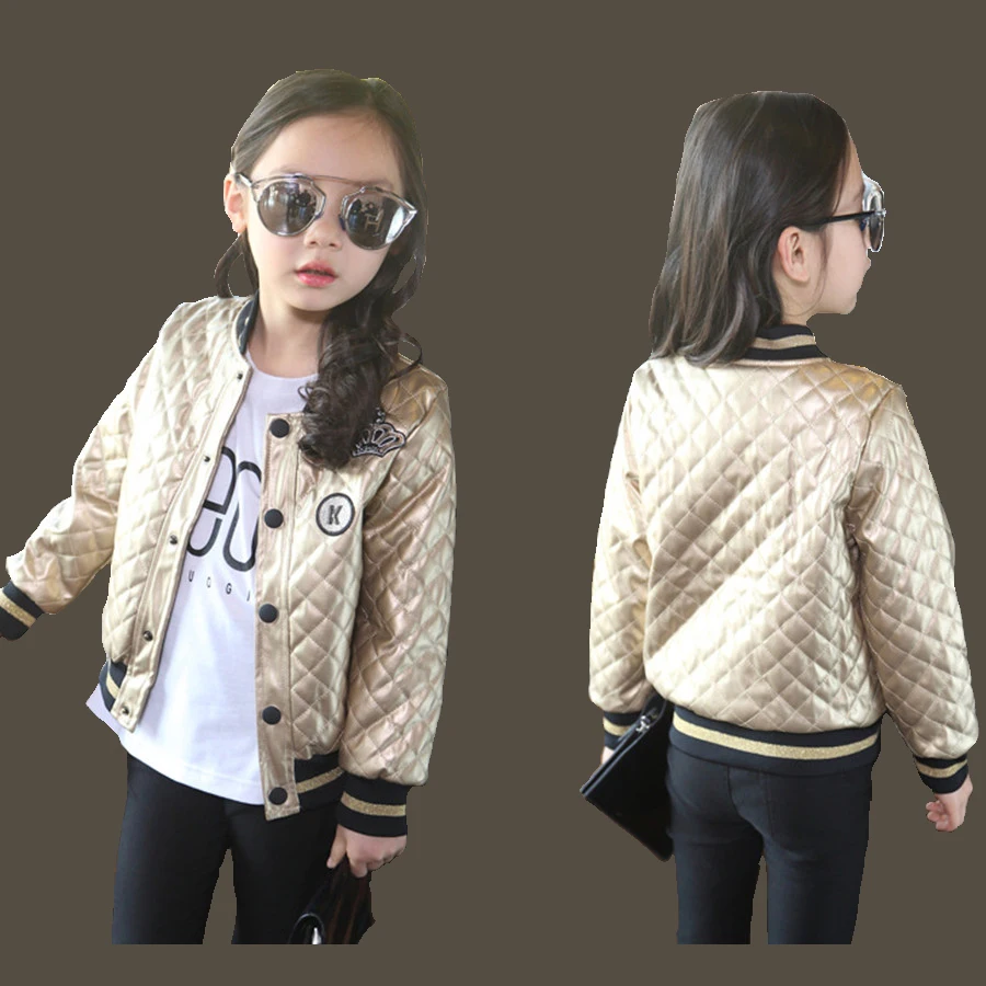 Leather Jacket Girls Spring Gold Plaid Coat Children Fashion Kids Coat ...