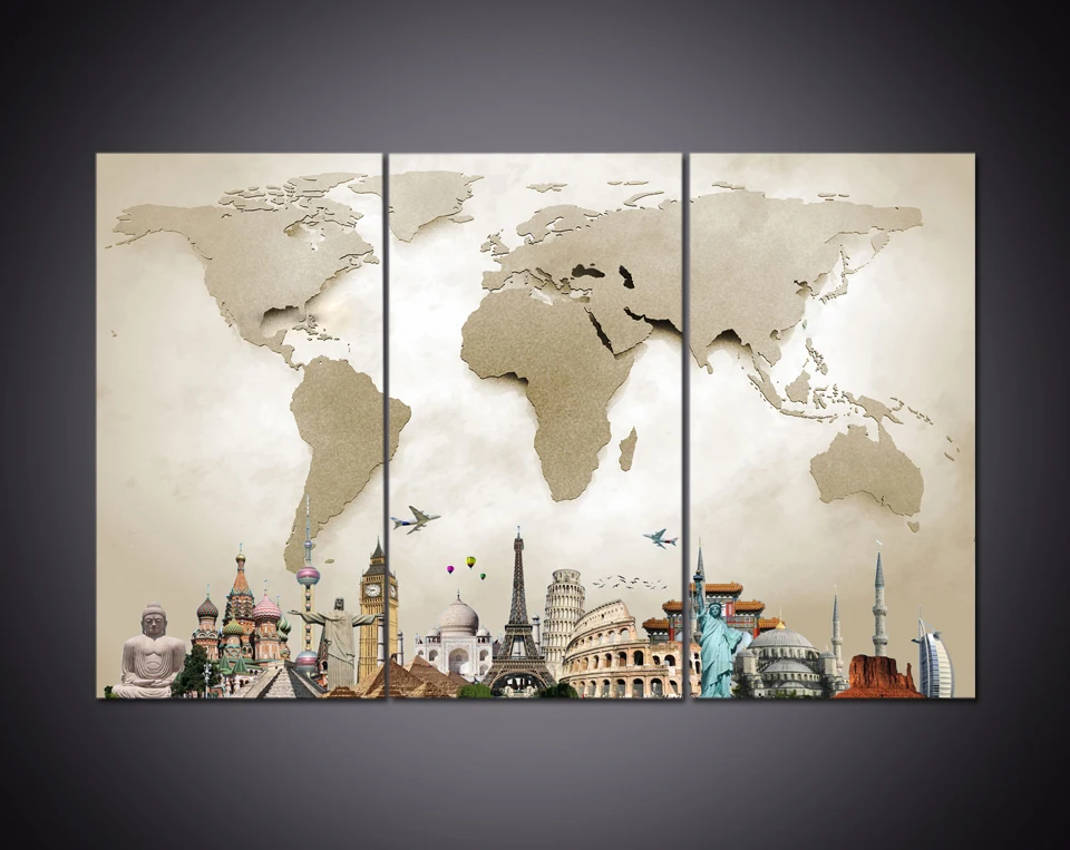 3 Panel World map monuments Canvas Prints|canvas prints|3 panelworld ...